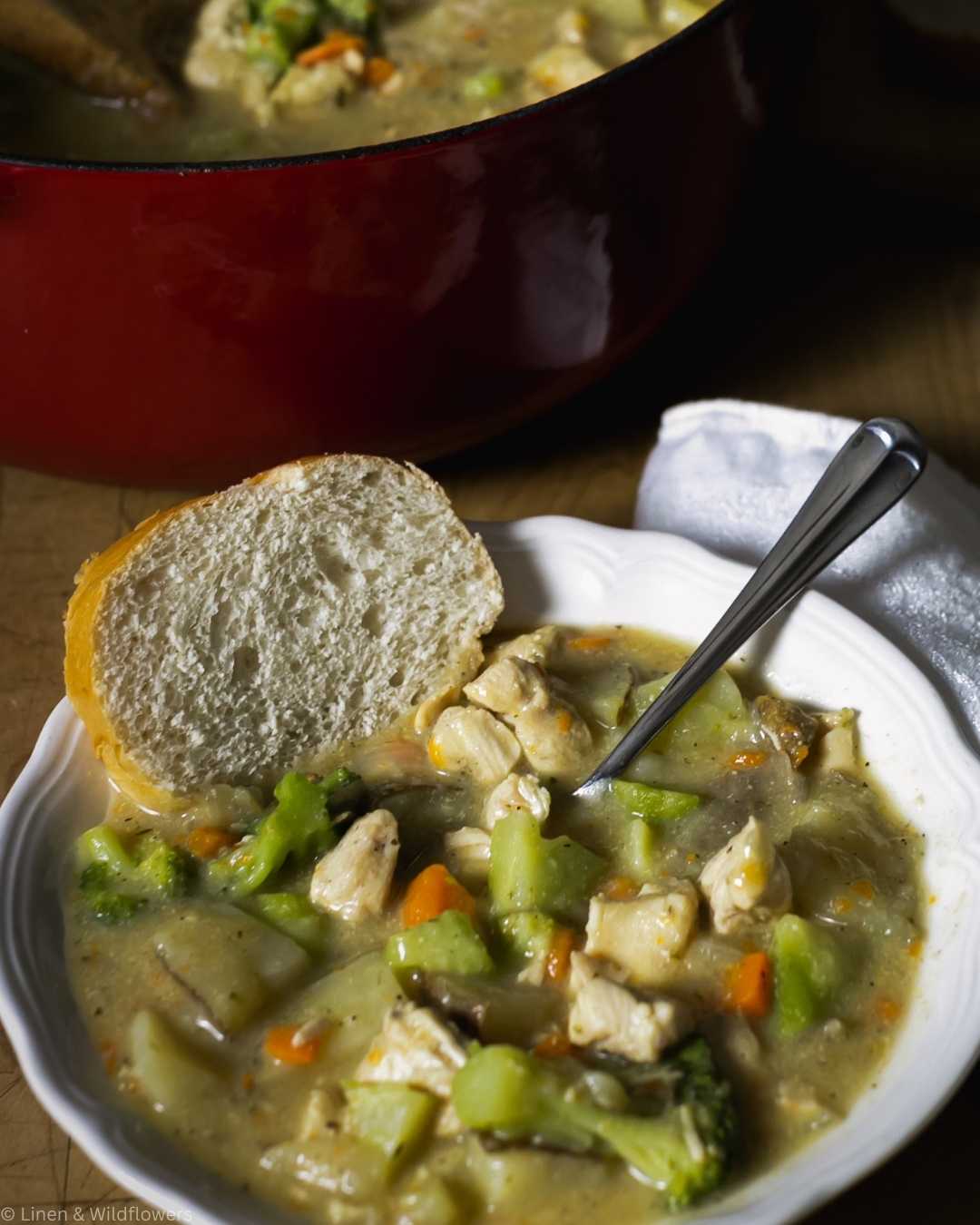 One Pot Chicken Stew Recipe in a Dutch Oven · Linen & Wildflowers